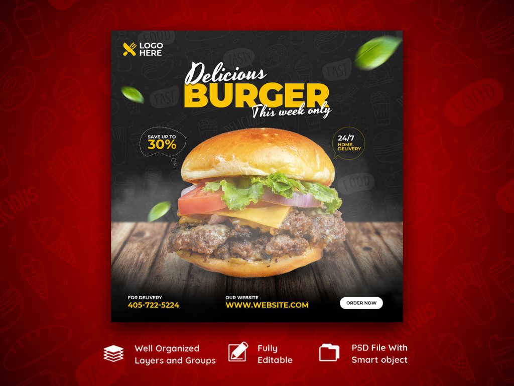 Delicious Burger Food Menu Social Media Banner Template - Graphic Pick